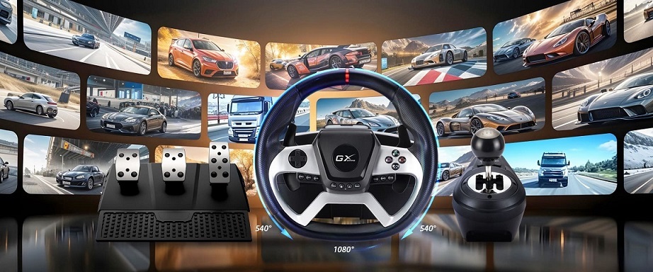 הגה מירוצים דוושות וידית הילוכים מבית ג'ניוס Genius SpeedMaster X5 FF 1080˚ Force Feedback ...